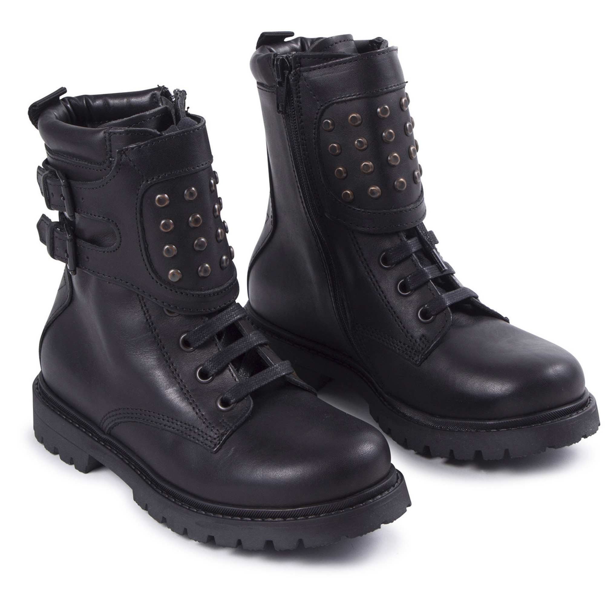 Diesel Boys Black Leather Combat Boots With Studded Strap And Laces For